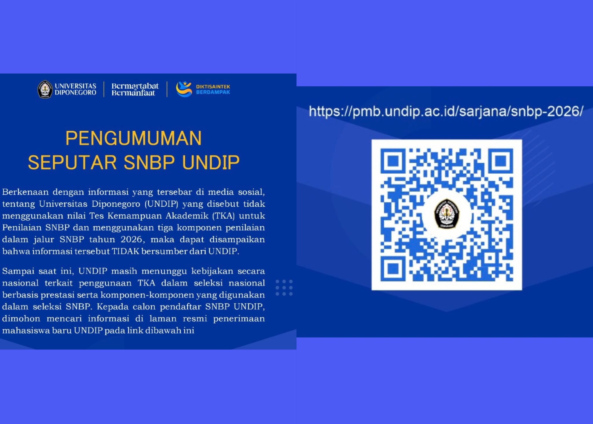 Pernyataan Resmi UNDIP Mengenai Informasi SNBP Tahun 2026, Simak ...